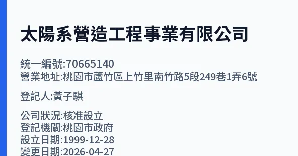 太陽系營造工程事業有限公司的照片-統編 70665140(桃園市) 公司登記資料與營業項目詳細圖表