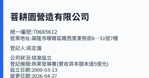 菩耕園營造有限公司的照片-統編 70665612(基隆市) 公司登記資料與營業項目詳細圖表