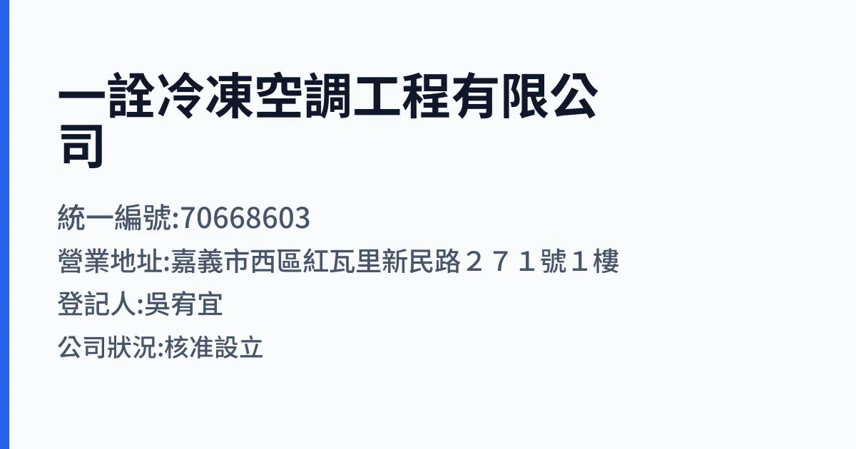 一詮冷凍空調工程有限公司 - 統編 70668603(嘉義市) 公司登記資料與營業項目詳細圖表