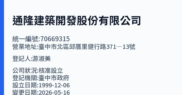 通隆建築開發股份有限公司的照片-統編 70669315(臺中市) 公司登記資料與營業項目詳細圖表