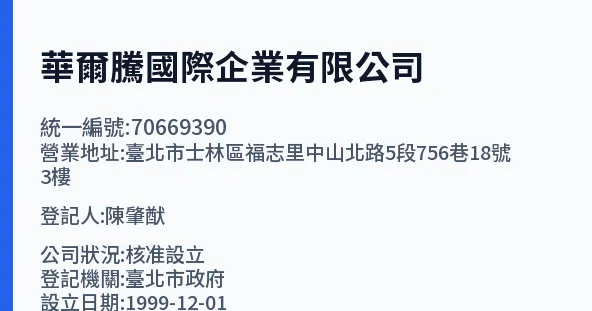 華爾騰國際企業有限公司的照片-統編 70669390(臺北市) 公司登記資料與營業項目詳細圖表