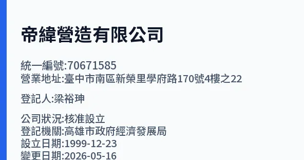 帝緯營造有限公司的照片-統編 70671585(臺中市) 公司登記資料與營業項目詳細圖表