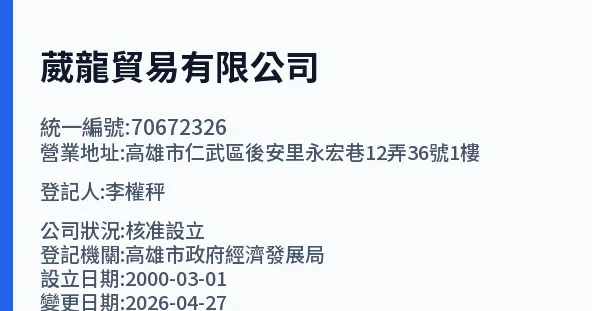 葳龍貿易有限公司的照片-統編 70672326(高雄市) 公司登記資料與營業項目詳細圖表