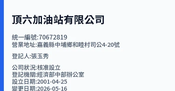 頂六加油站有限公司的照片-統編 70672819(嘉義縣) 公司登記資料與營業項目詳細圖表