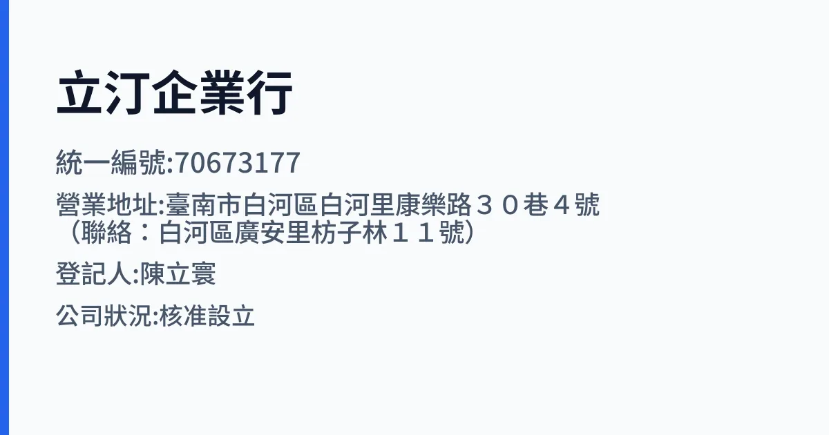 立汀企業行 - 統編 70673177(臺南市) 公司登記資料與營業項目詳細圖表