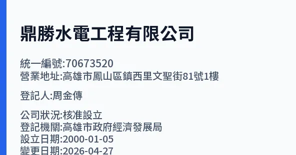 鼎勝水電工程有限公司的照片-統編 70673520(高雄市) 公司登記資料與營業項目詳細圖表
