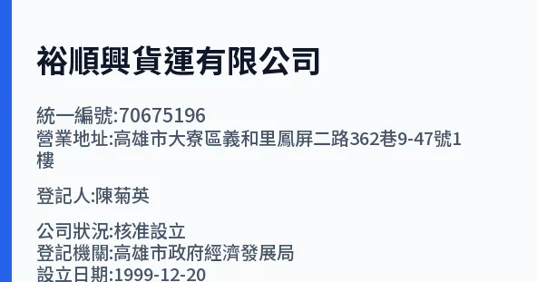 裕順興貨運有限公司的照片-統編 70675196(高雄市) 公司登記資料與營業項目詳細圖表
