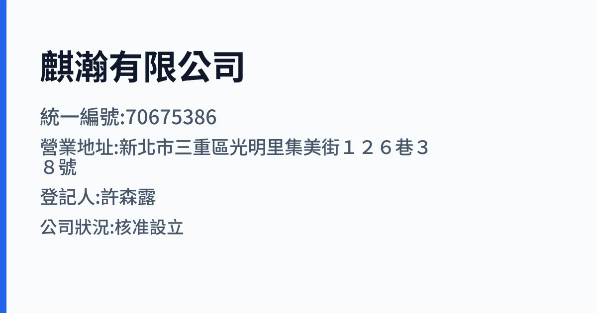 麒瀚有限公司 - 統編 70675386(新北市) 公司登記資料與營業項目詳細圖表