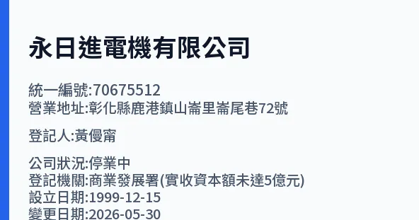 永日進電機有限公司的照片-統編 70675512(彰化縣) 公司登記資料與營業項目詳細圖表