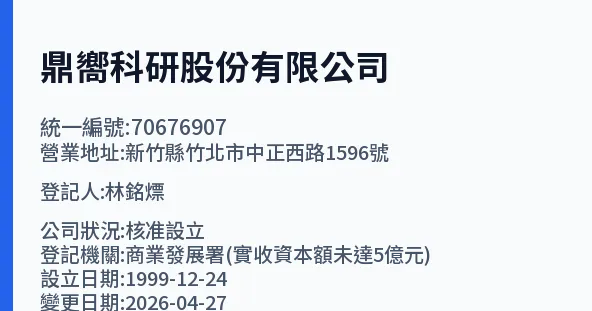 鼎嚮科研股份有限公司的照片-統編 70676907(新竹縣) 公司登記資料與營業項目詳細圖表