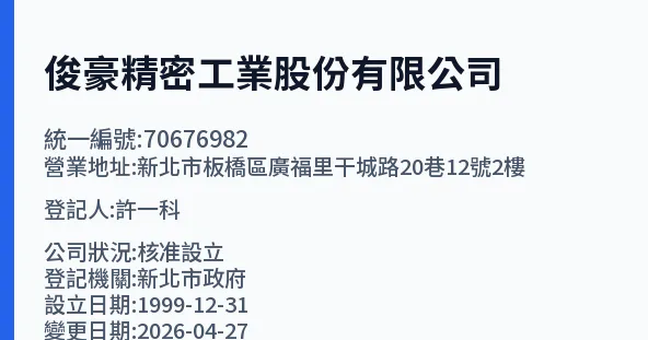 俊豪精密工業股份有限公司的照片-統編 70676982(新北市) 公司登記資料與營業項目詳細圖表