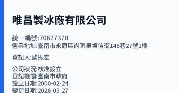 唯昌製冰廠有限公司的照片-統編 70677378(臺南市) 公司登記資料與營業項目詳細圖表