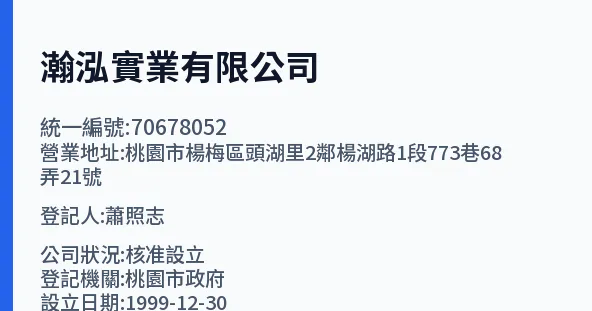 瀚泓實業有限公司的照片-統編 70678052(桃園市) 公司登記資料與營業項目詳細圖表