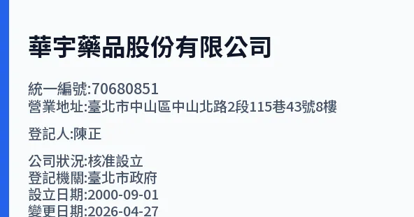 華宇藥品股份有限公司的照片-統編 70680851(臺北市) 公司登記資料與營業項目詳細圖表