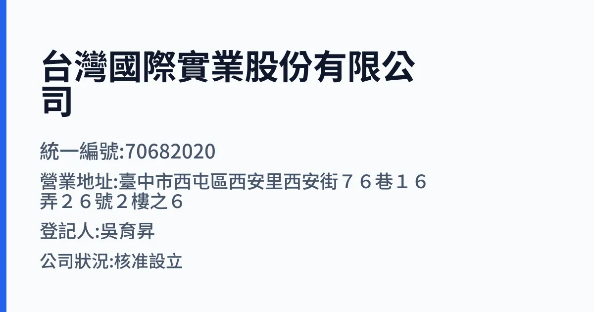台灣國際實業股份有限公司 - 統編 70682020(臺中市) 公司登記資料與營業項目詳細圖表
