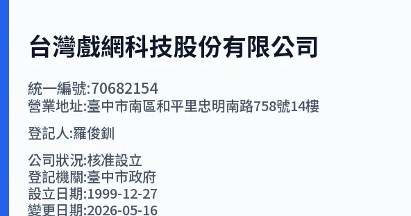 台灣戲網科技股份有限公司的照片-統編 70682154(臺中市) 公司登記資料與營業項目詳細圖表