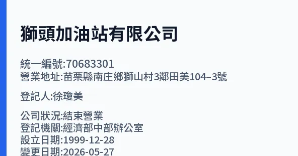 獅頭加油站有限公司的照片-統編 70683301(苗栗縣) 公司登記資料與營業項目詳細圖表