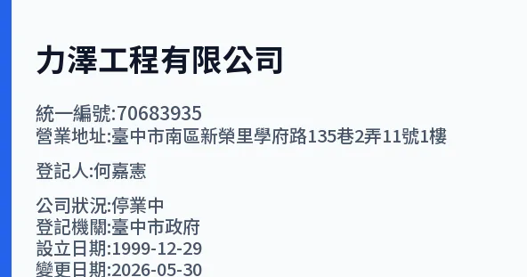 力澤工程有限公司的照片-統編 70683935(臺中市) 公司登記資料與營業項目詳細圖表