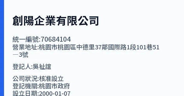 創陽企業有限公司的照片-統編 70684104(桃園市) 公司登記資料與營業項目詳細圖表
