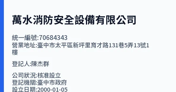 萬水消防安全設備有限公司的照片-統編 70684343(臺中市) 公司登記資料與營業項目詳細圖表