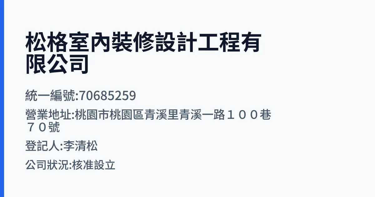 松格室內裝修設計工程有限公司 - 統編 70685259(桃園市) 公司登記資料與營業項目詳細圖表