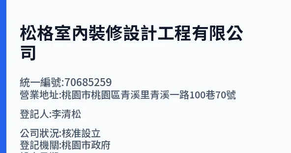 松格室內裝修設計工程有限公司的照片-統編 70685259(桃園市) 公司登記資料與營業項目詳細圖表