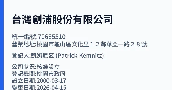 台灣創浦股份有限公司的照片-統編 70685510(桃園市) 公司登記資料與營業項目詳細圖表