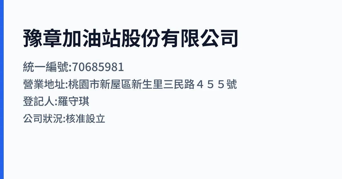 豫章加油站股份有限公司 - 統編 70685981(桃園市) 公司登記資料與營業項目詳細圖表