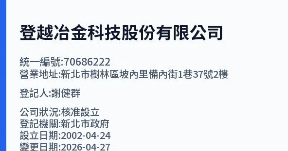 登越冶金科技股份有限公司的照片-統編 70686222(新北市) 公司登記資料與營業項目詳細圖表
