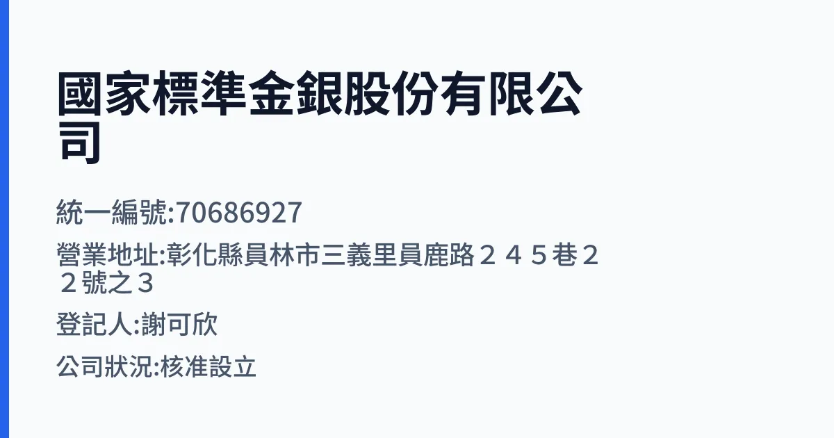 國家標準金銀股份有限公司 - 統編 70686927(彰化縣) 公司登記資料與營業項目詳細圖表