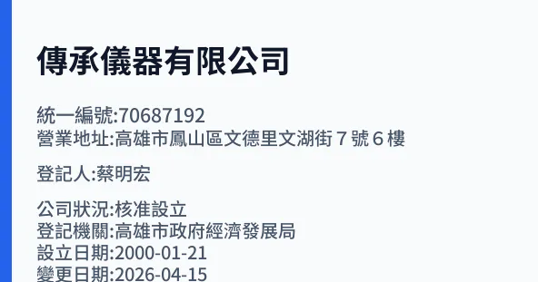 傳承儀器有限公司的照片-統編 70687192(高雄市) 公司登記資料與營業項目詳細圖表