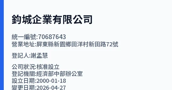 鈞城企業有限公司的照片-統編 70687643(屏東縣) 公司登記資料與營業項目詳細圖表