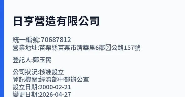 日亨營造有限公司的照片-統編 70687812(苗栗縣) 公司登記資料與營業項目詳細圖表