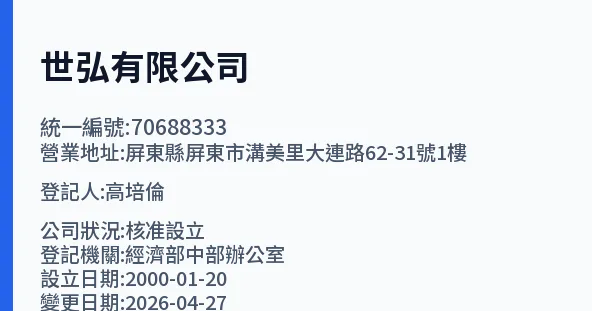 世弘有限公司的照片-統編 70688333(屏東縣) 公司登記資料與營業項目詳細圖表