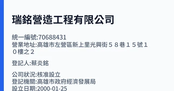 瑞銘營造工程有限公司的照片-統編 70688431(高雄市) 公司登記資料與營業項目詳細圖表