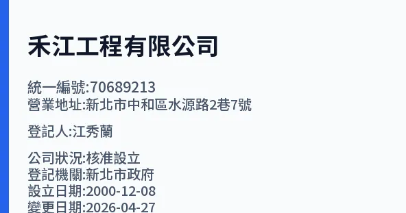 禾江工程有限公司的照片-統編 70689213(新北市) 公司登記資料與營業項目詳細圖表