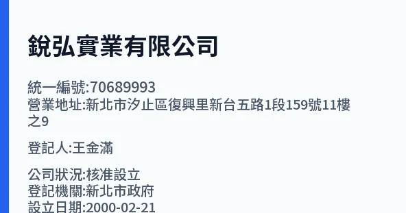 銳弘實業有限公司的照片-統編 70689993(新北市) 公司登記資料與營業項目詳細圖表