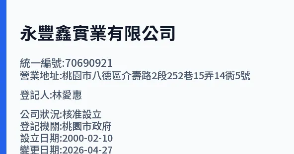 永豐鑫實業有限公司的照片-統編 70690921(桃園市) 公司登記資料與營業項目詳細圖表