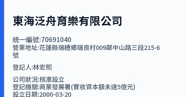 東海泛舟育樂有限公司的照片-統編 70691040(花蓮縣) 公司登記資料與營業項目詳細圖表