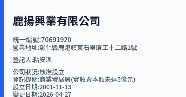 鹿揚興業有限公司的照片-統編 70691920(彰化縣) 公司登記資料與營業項目詳細圖表