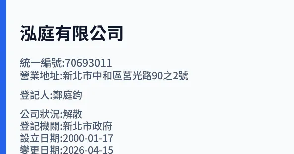 泓庭有限公司的照片-統編 70693011(新北市) 公司登記資料與營業項目詳細圖表