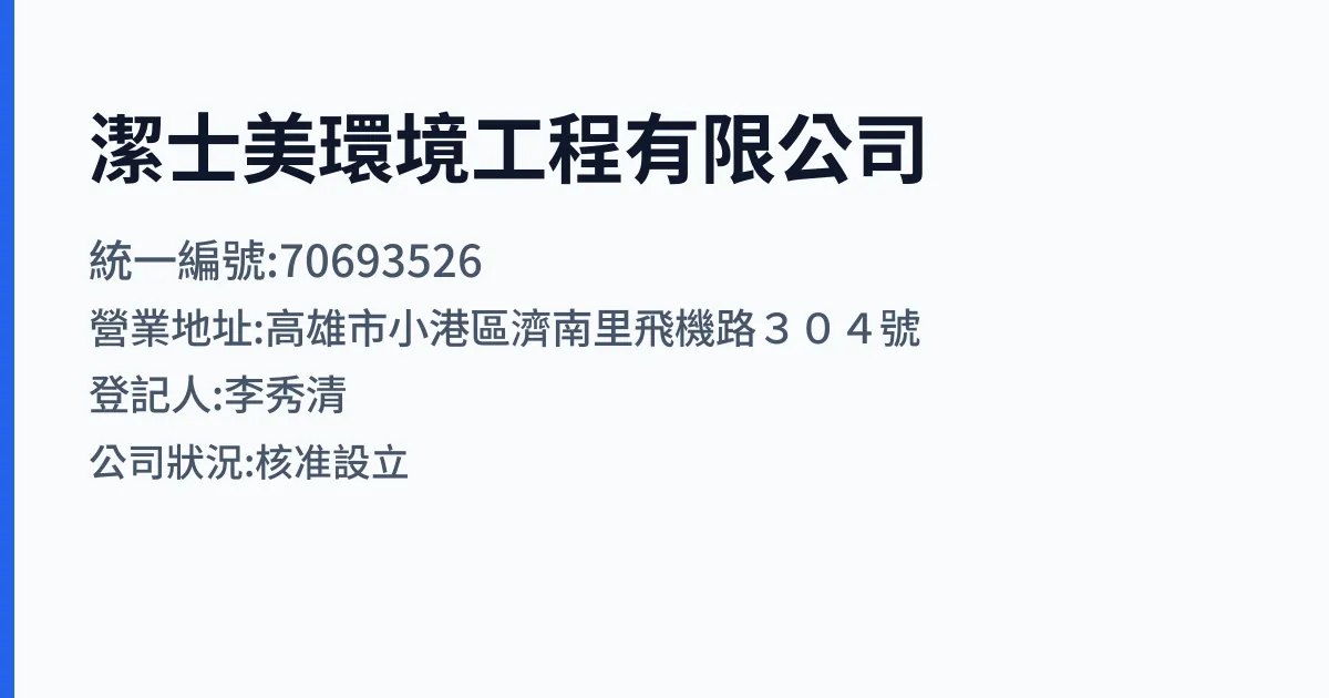 潔士美環境工程有限公司 - 統編 70693526(高雄市) 公司登記資料與營業項目詳細圖表