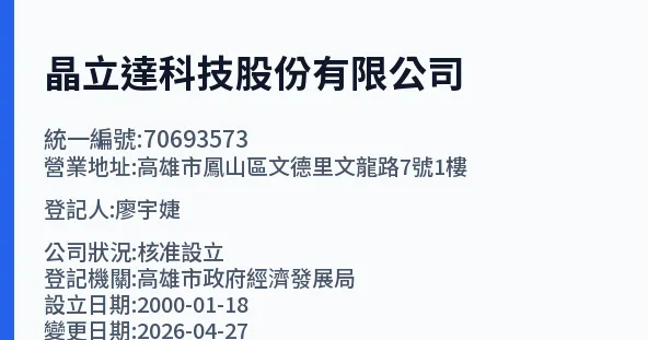 晶立達科技股份有限公司的照片-統編 70693573(高雄市) 公司登記資料與營業項目詳細圖表