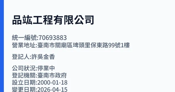 品竑工程有限公司的照片-統編 70693883(臺南市) 公司登記資料與營業項目詳細圖表
