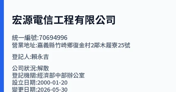 宏源電信工程有限公司的照片-統編 70694996(嘉義縣) 公司登記資料與營業項目詳細圖表