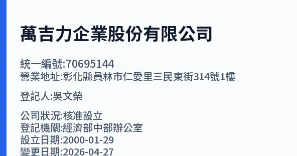 萬吉力企業股份有限公司的照片-統編 70695144(彰化縣) 公司登記資料與營業項目詳細圖表