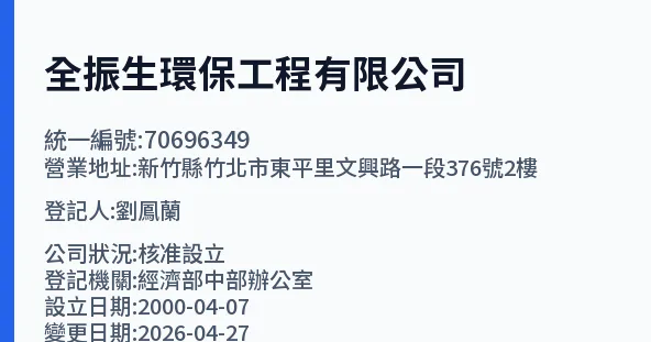 全振生環保工程有限公司的照片-統編 70696349(新竹縣) 公司登記資料與營業項目詳細圖表