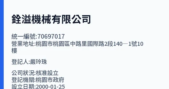 銓溢機械有限公司的照片-統編 70697017(桃園市) 公司登記資料與營業項目詳細圖表