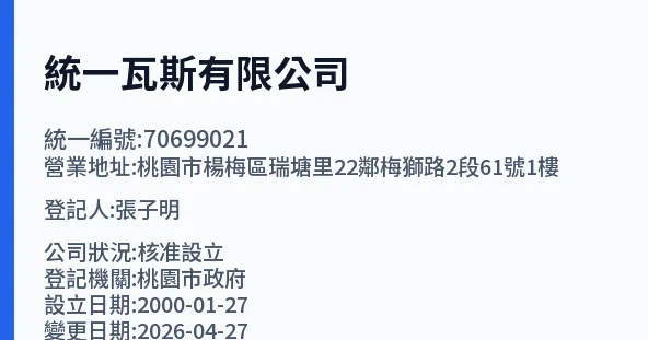 統一瓦斯有限公司的照片-統編 70699021(桃園市) 公司登記資料與營業項目詳細圖表