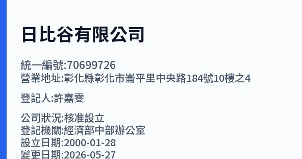 日比谷有限公司的照片-統編 70699726(彰化縣) 公司登記資料與營業項目詳細圖表